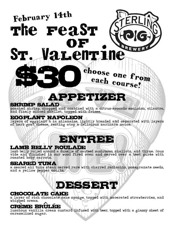 Special Valentines Day Menu Sterling Pig Brewery